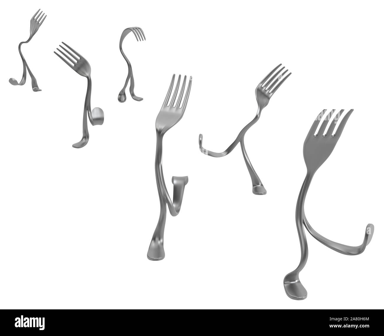 Fork metal with legs, dancing, 3d illustration, horizontal, isolated ...