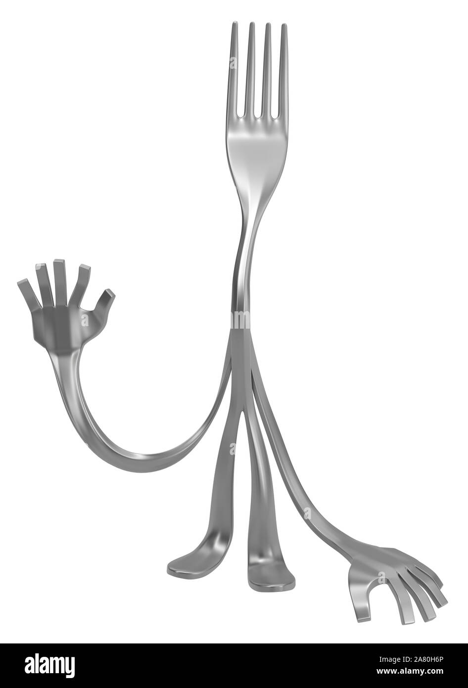 Fork cartoon character metal, waving pose, 3d illustration, horizontal ...