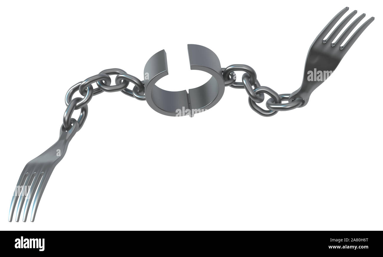 Forks one shackle chain attached, 3d illustration, horizontal, isolated ...