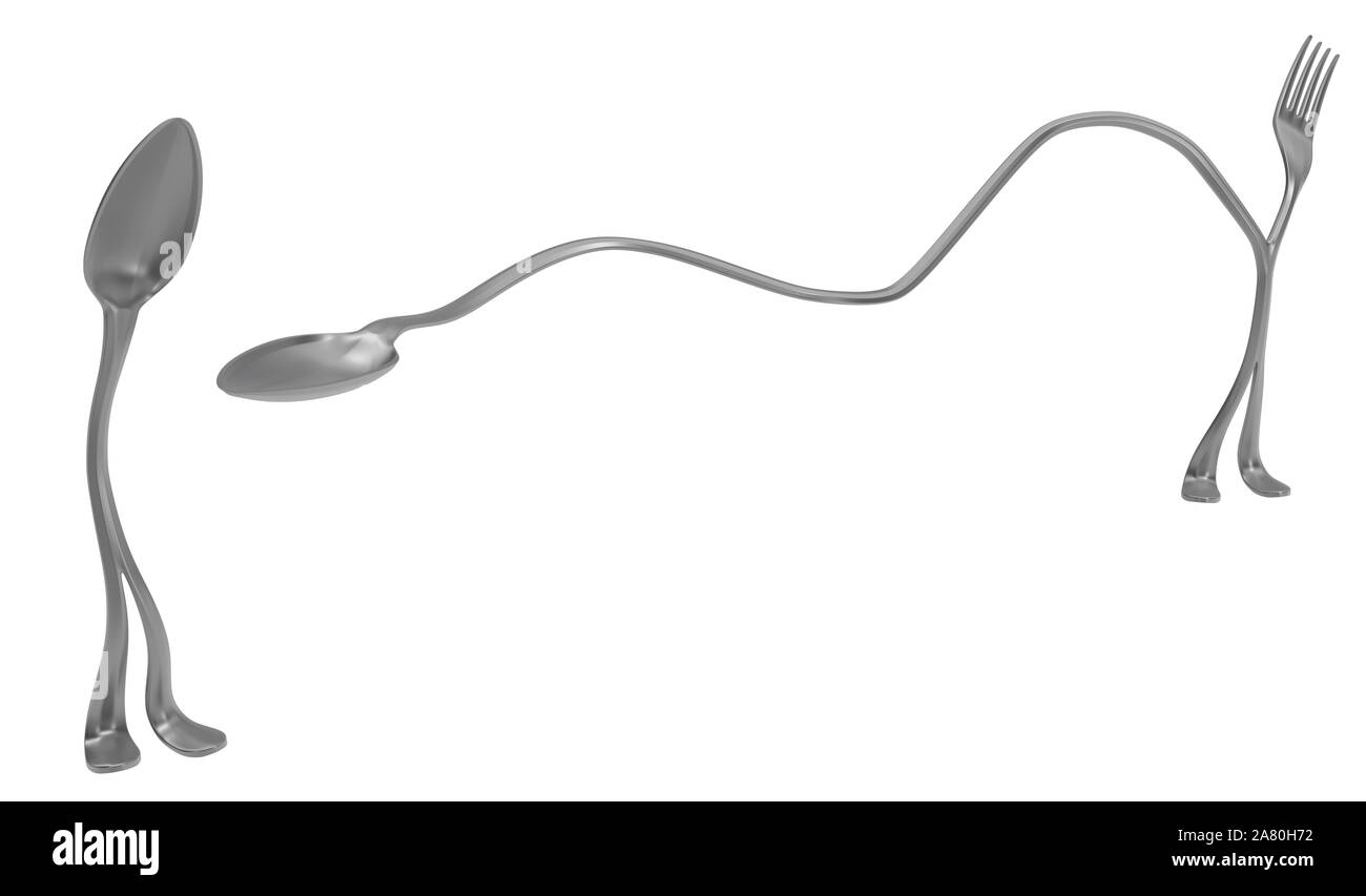 Fork metal with legs, spoon reaching, 3d illustration, horizontal ...