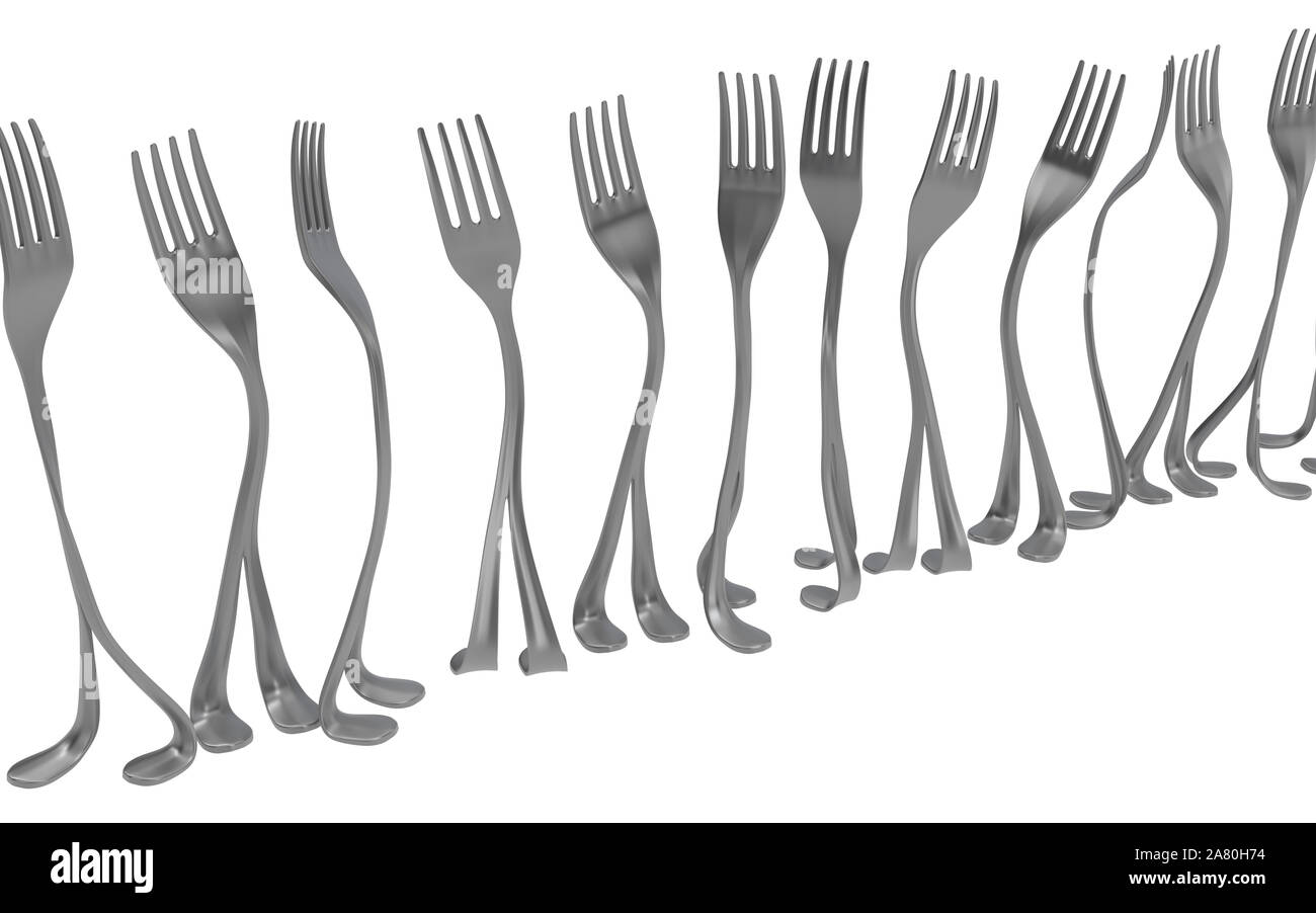 Fork metal with legs, row walk, 3d illustration, horizontal, isolated ...