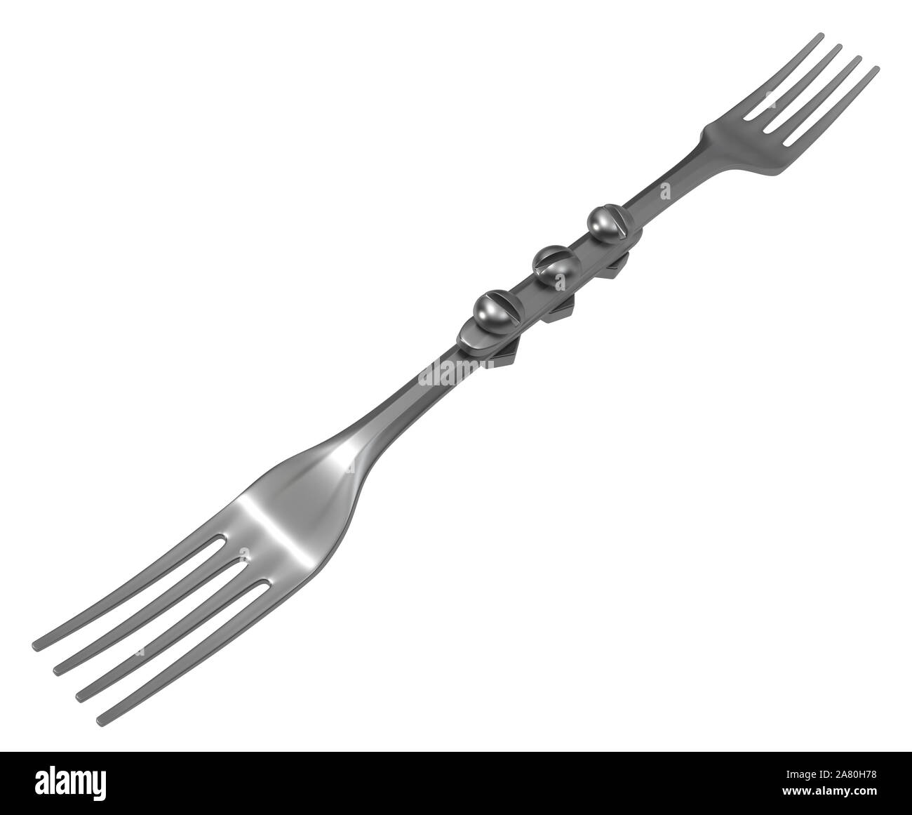 Fork metal three bolts joined, 3d illustration, horizontal, isolated ...