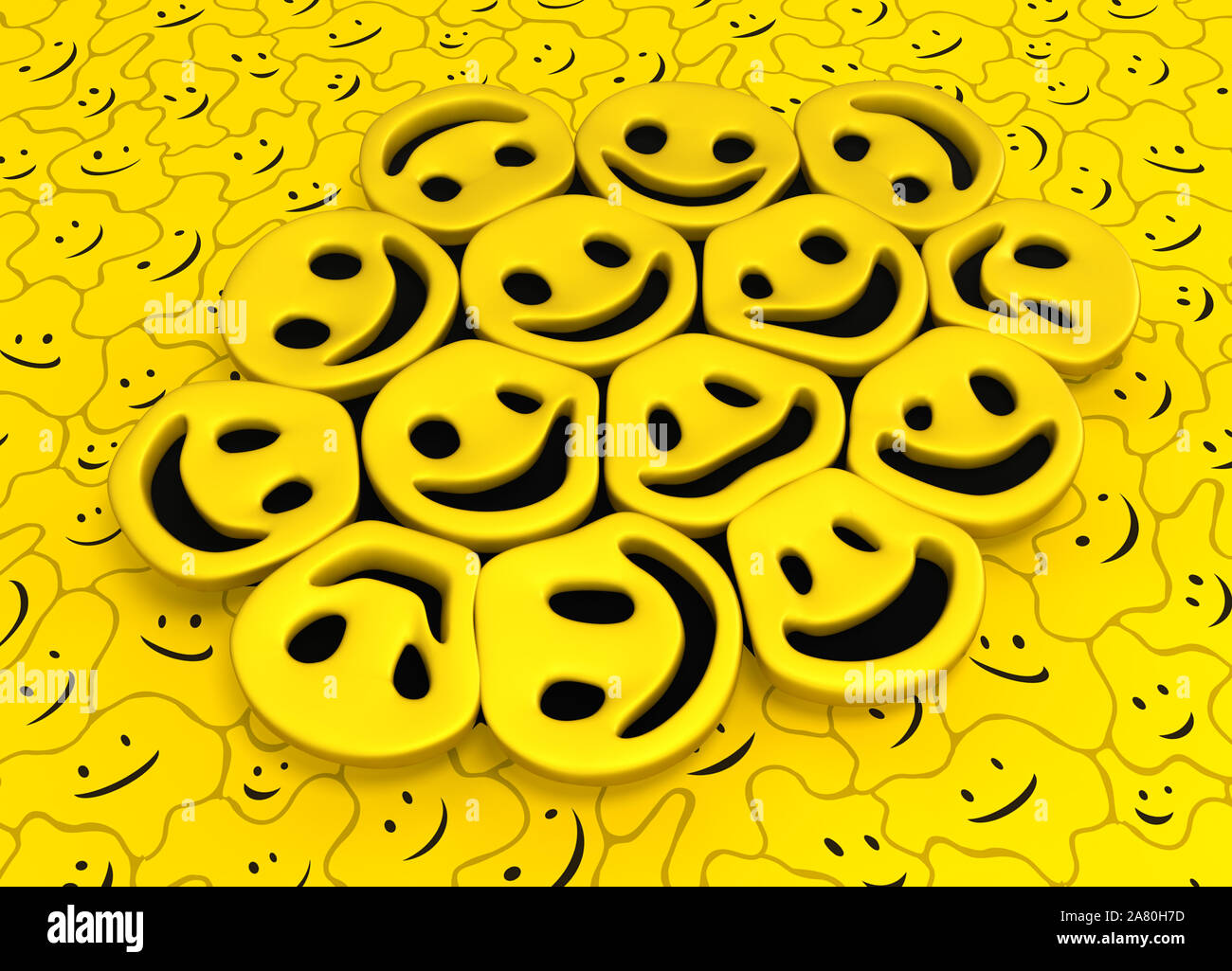 Happy face symbol objects group on similar surface, 3d illustration ...