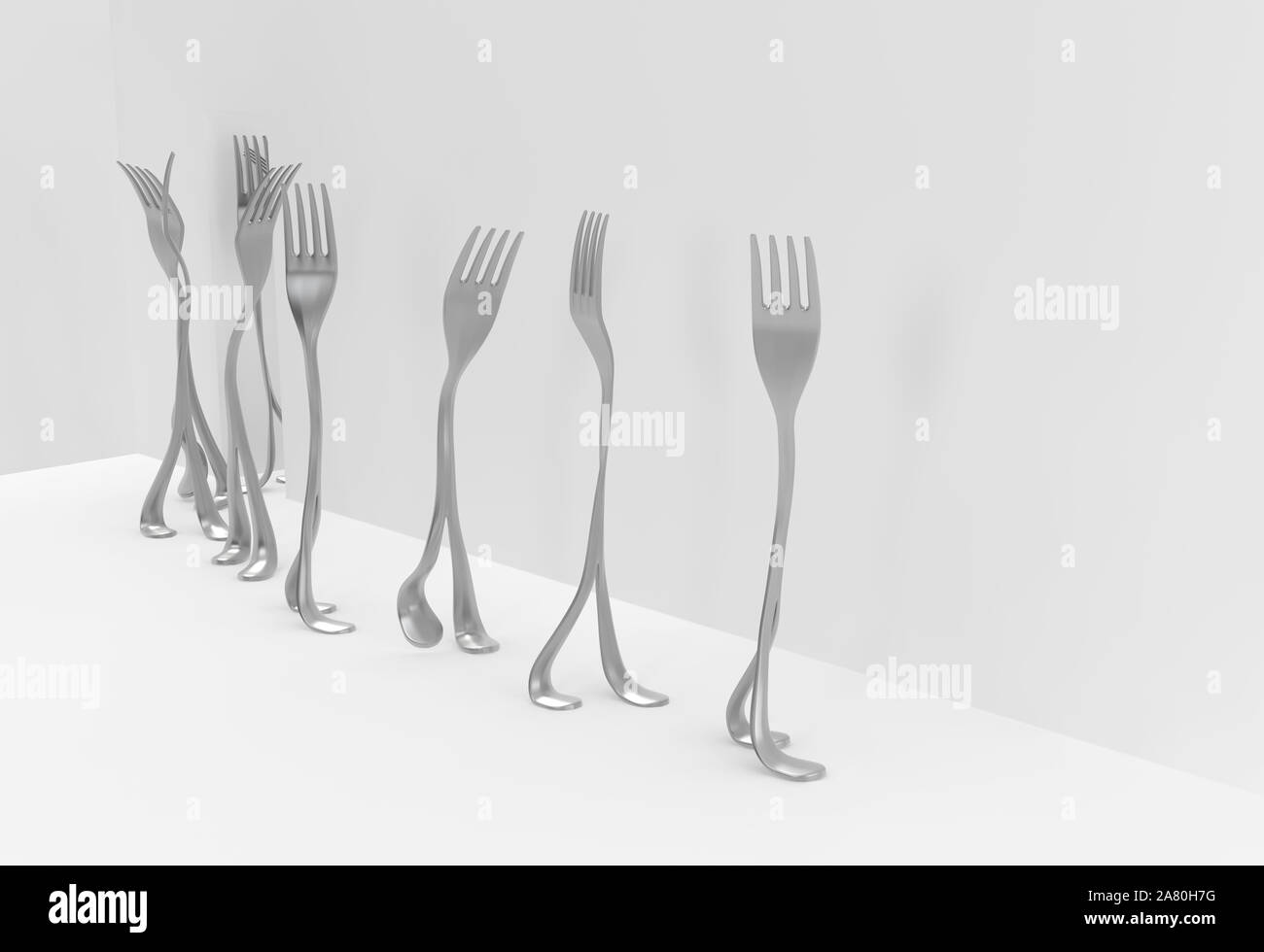 Forks metal with legs, door walk, 3d illustration, horizontal, isolated ...