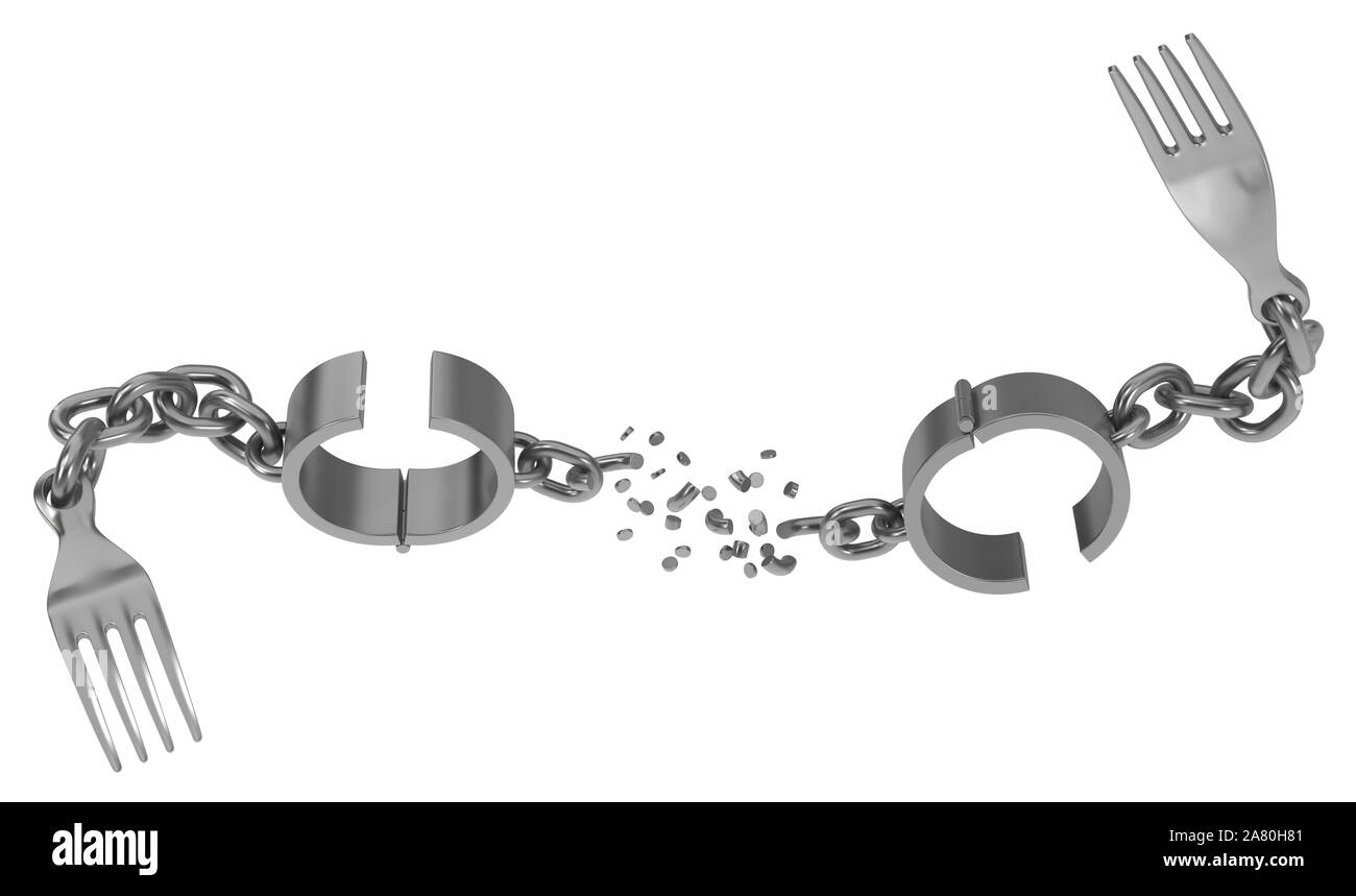 Fork shackles chain breaking, 3d illustration, horizontal, isolated ...