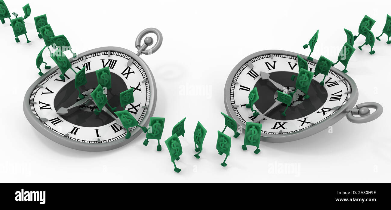 Dollar money symbol cartoon characters time run two clocks path, 3d ...