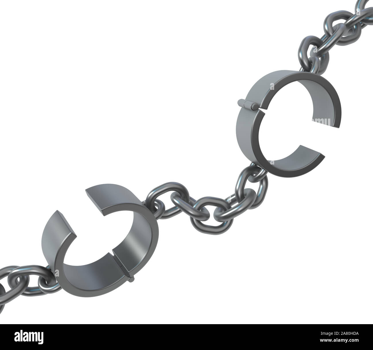 Shackles chain two closing grey metal 3d illustration, isolated ...