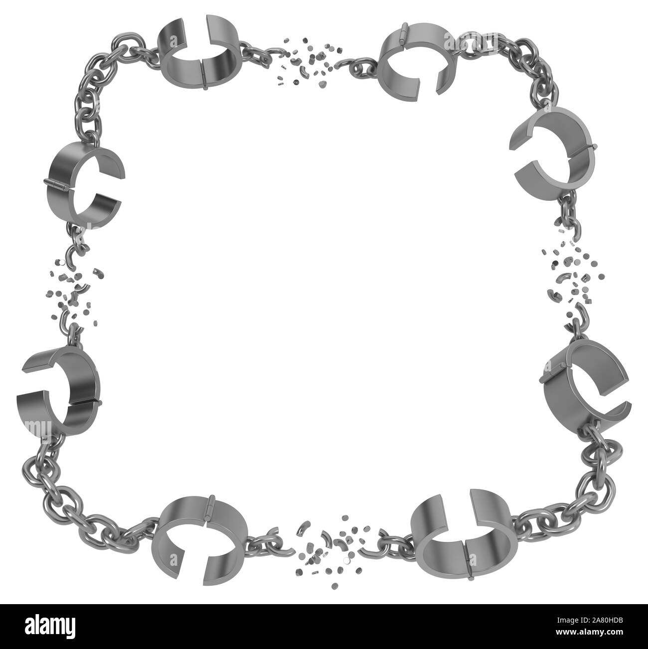 Shackles breaking chain square frame grey metal 3d illustration ...
