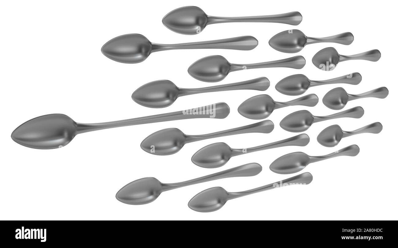Spoons flying group metal, 3d illustration, horizontal, isolated, over ...