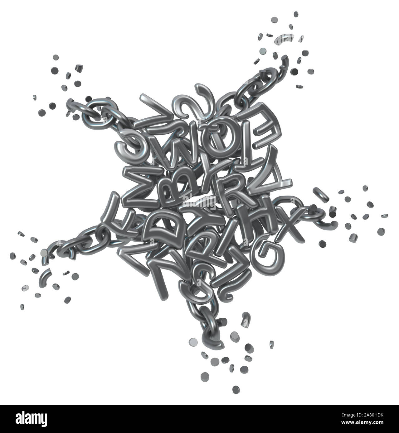 Breaking chain text letters bunch, dark grey metal 3d illustration ...