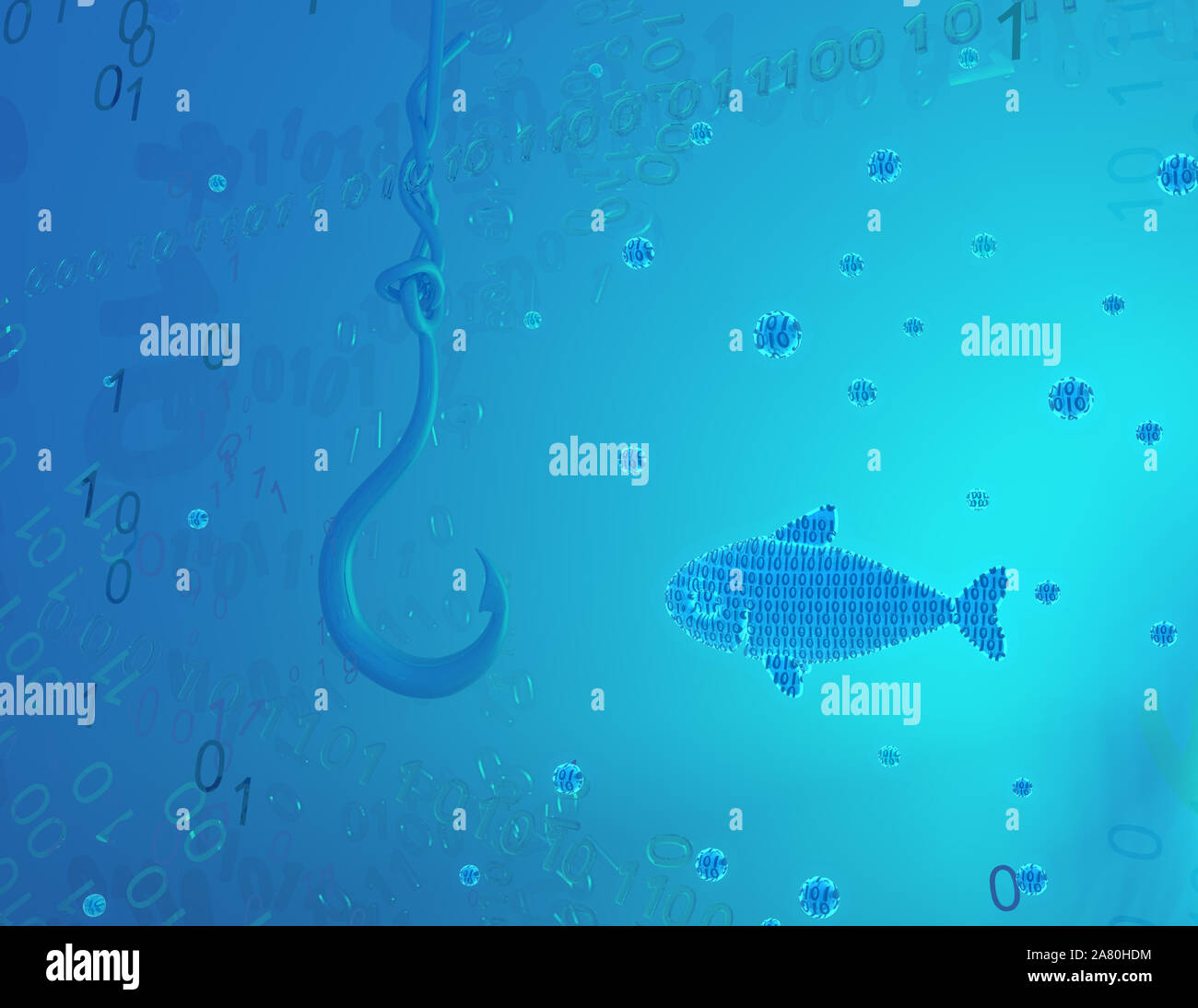 Virtual blue glowing fish swimming in code habitat, fishing hook, 3d ...