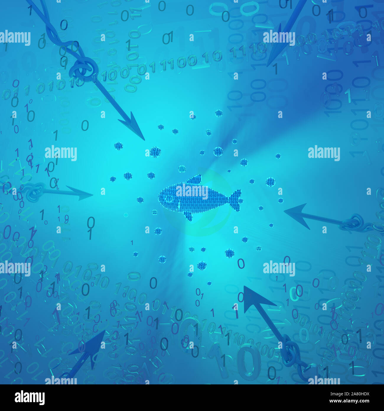 Virtual blue glowing fish swimming in code habitat, fishing harpoons ...