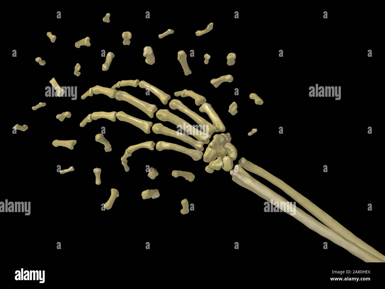 Skeleton arm bones, small bits explode abstract, 3d illustration ...