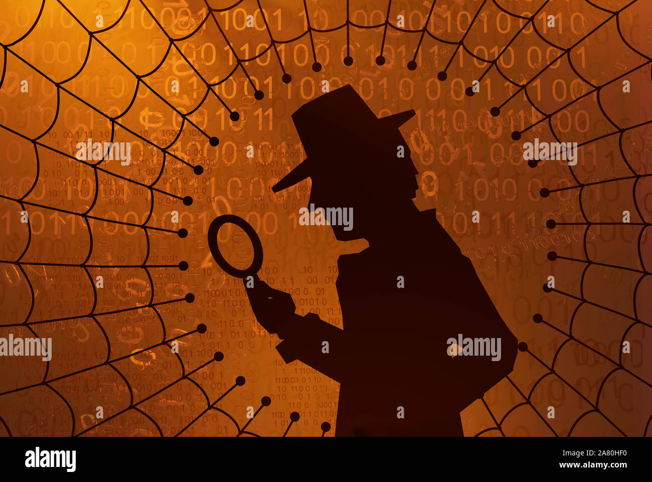 Virtual digits abstract 3d illustration, shadow figures with magnifying ...