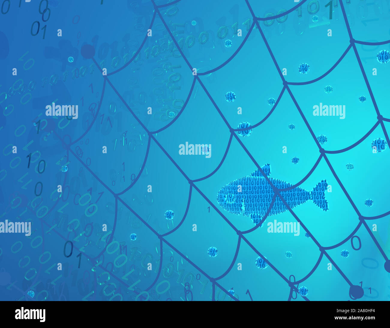 Virtual blue glowing fish swimming in code habitat, fishing net, 3d ...
