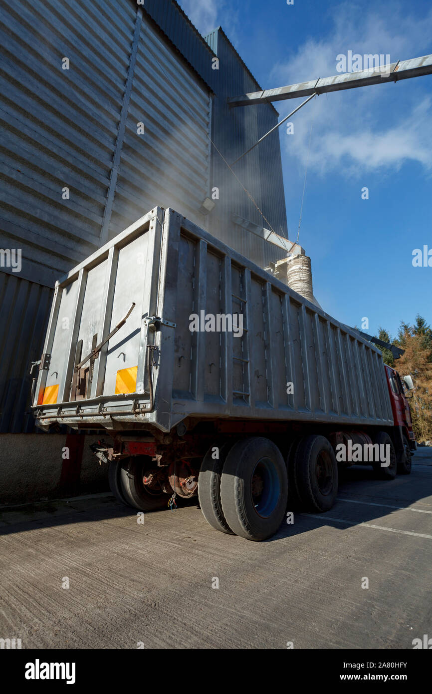 Lorry collecting grain from an industrial grain store, with a blue sky ...