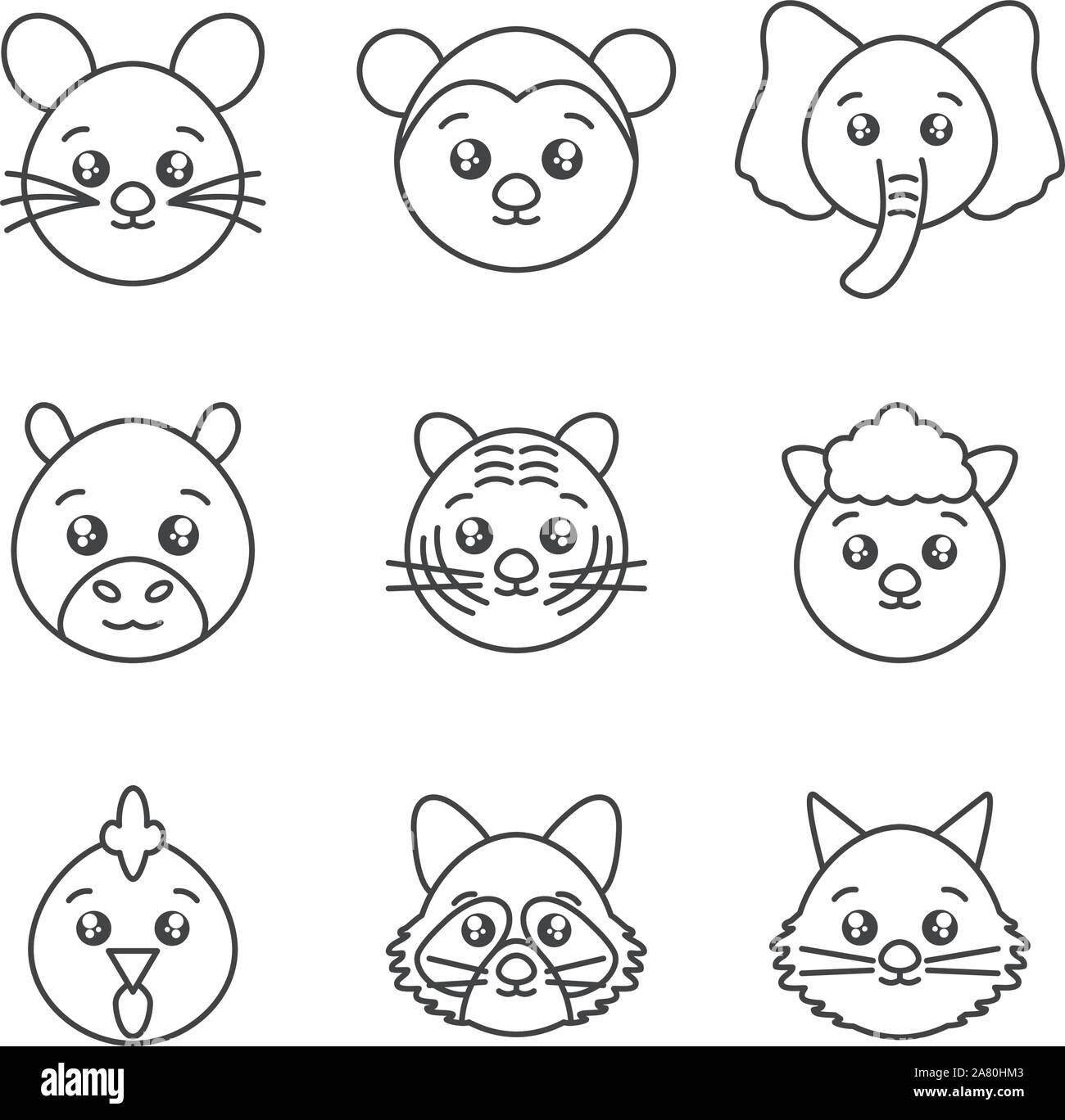 cute animals head cartoon icons set line style vector illustration ...