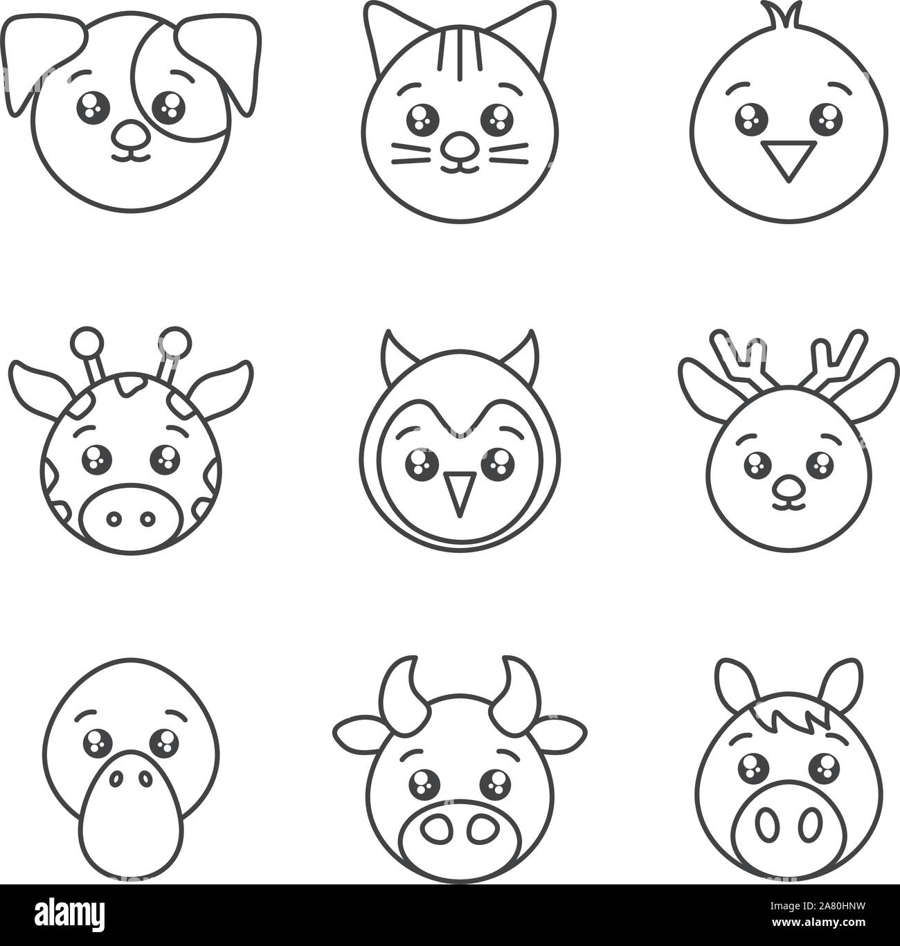 cute animals head cartoon icons set line style vector illustration ...