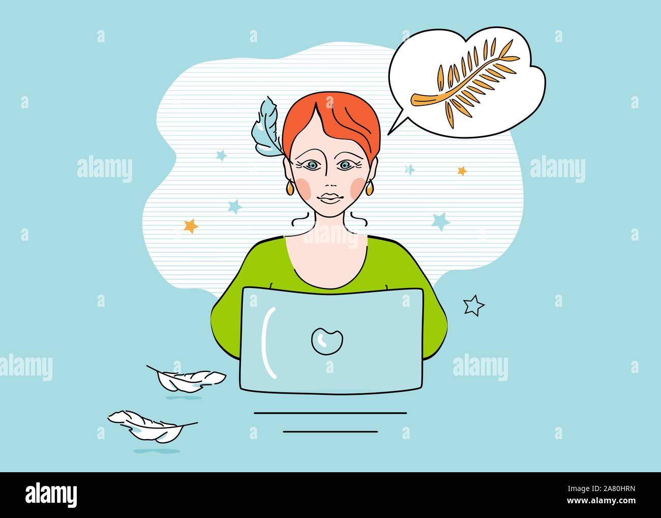 Girl, woman screen writer at computer, composes with a pen, dreams of ...