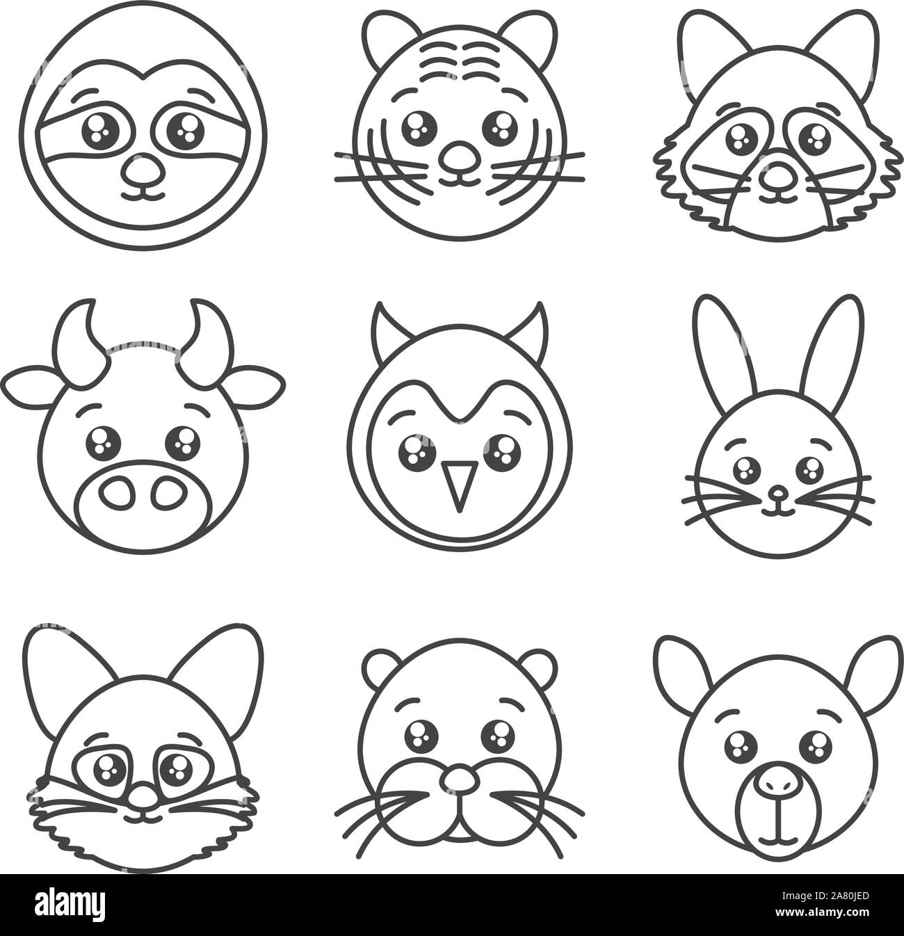 cute animals head cartoon icons set line style vector illustration ...
