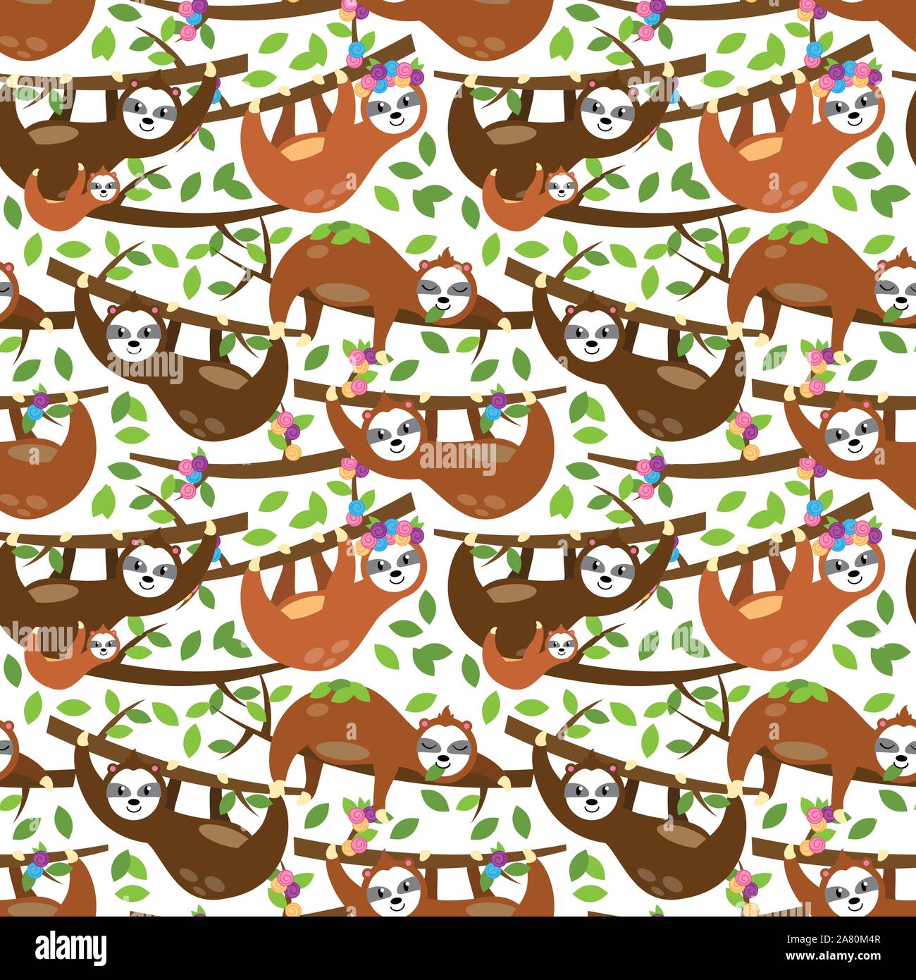 Seamless Vector Background with Sloths, Tree Branches and Leaves Stock ...