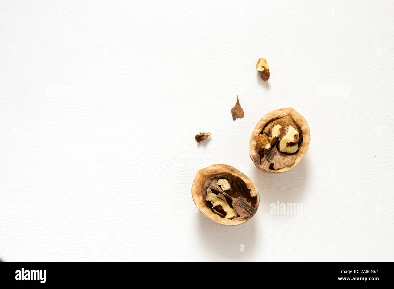 Two halves of a walnut on a white background. Horizontal orientation ...