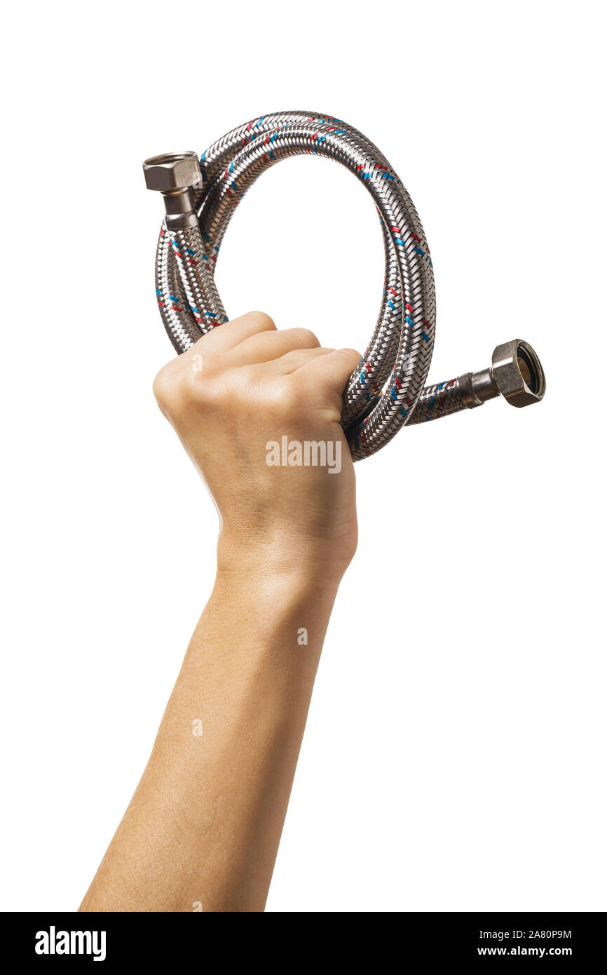 Raised up hand holds rolled up plumbing hose isolated on white ...