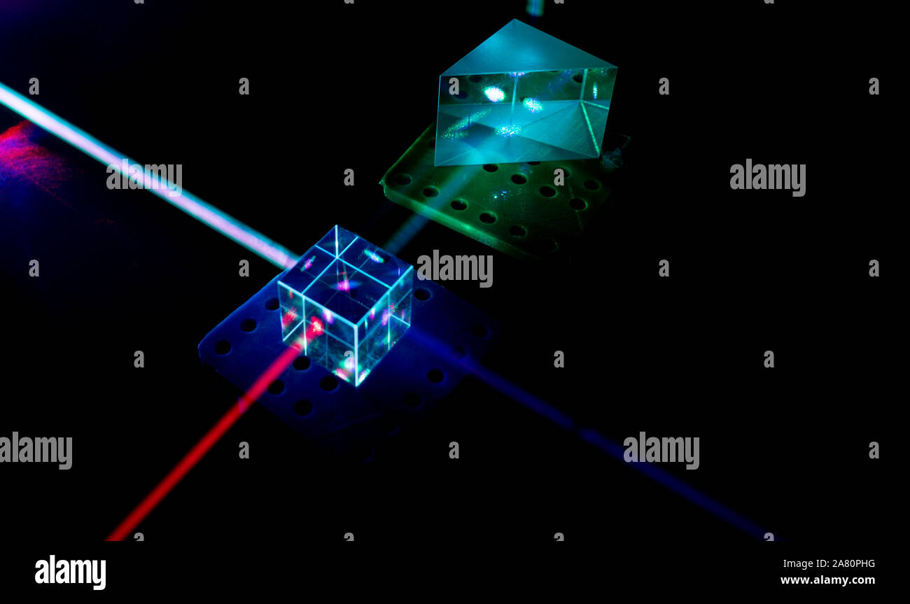 Laser beams in the laboratory of optical physics Stock Photo - Alamy