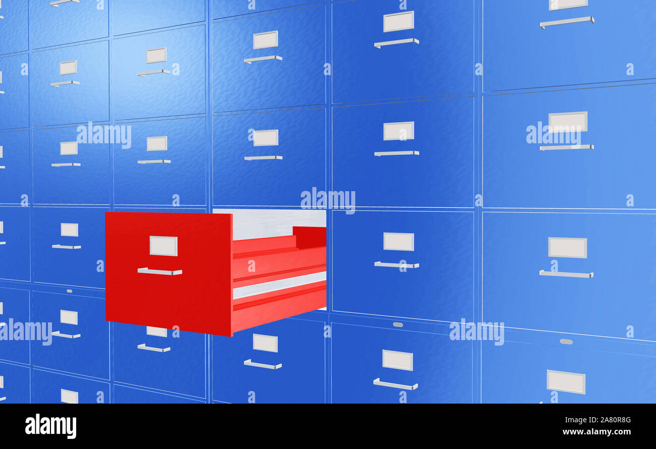 3D Illustration filing cabinet with opened red drawer Stock Photo - Alamy