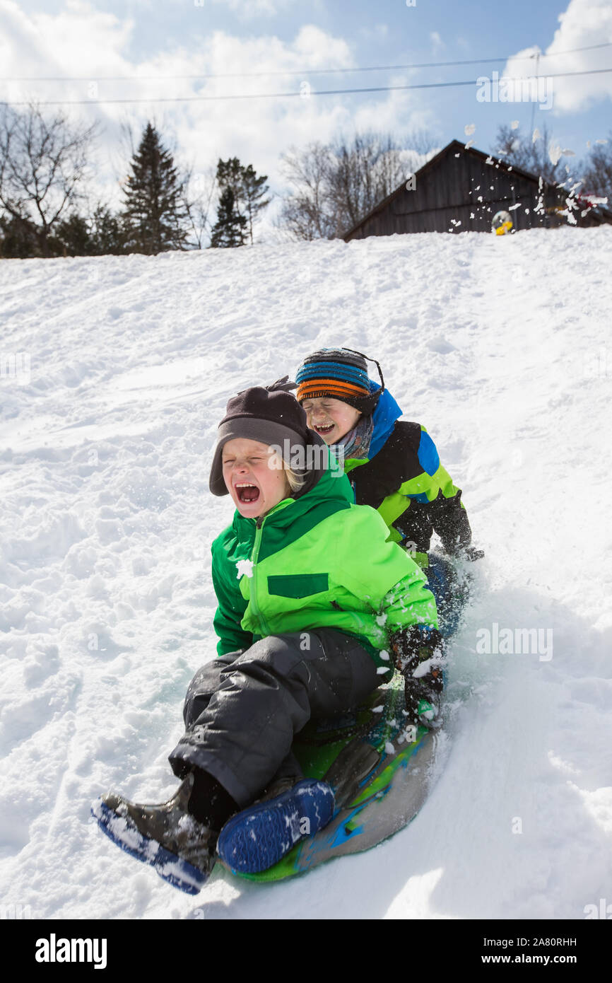 Two boys laughing while riding a sled, tobogganing down the snow Stock ...