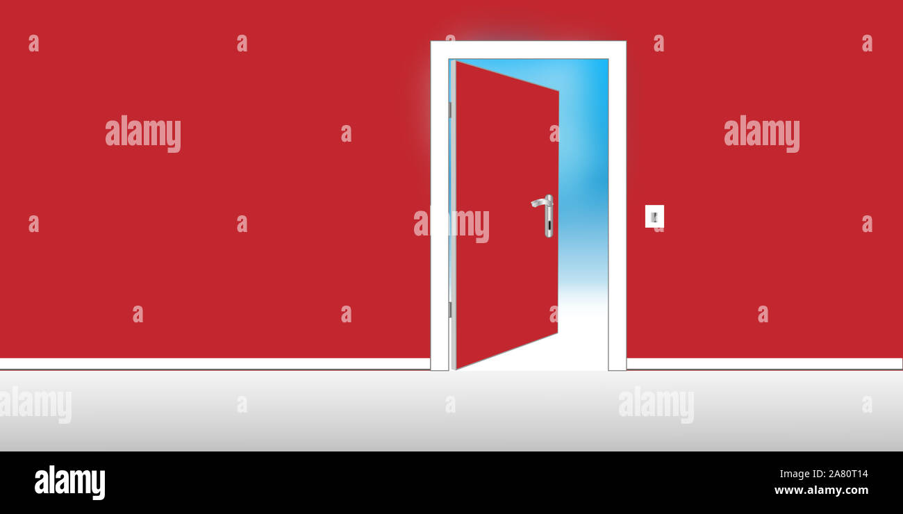 3D illustration room with open door Stock Photo - Alamy