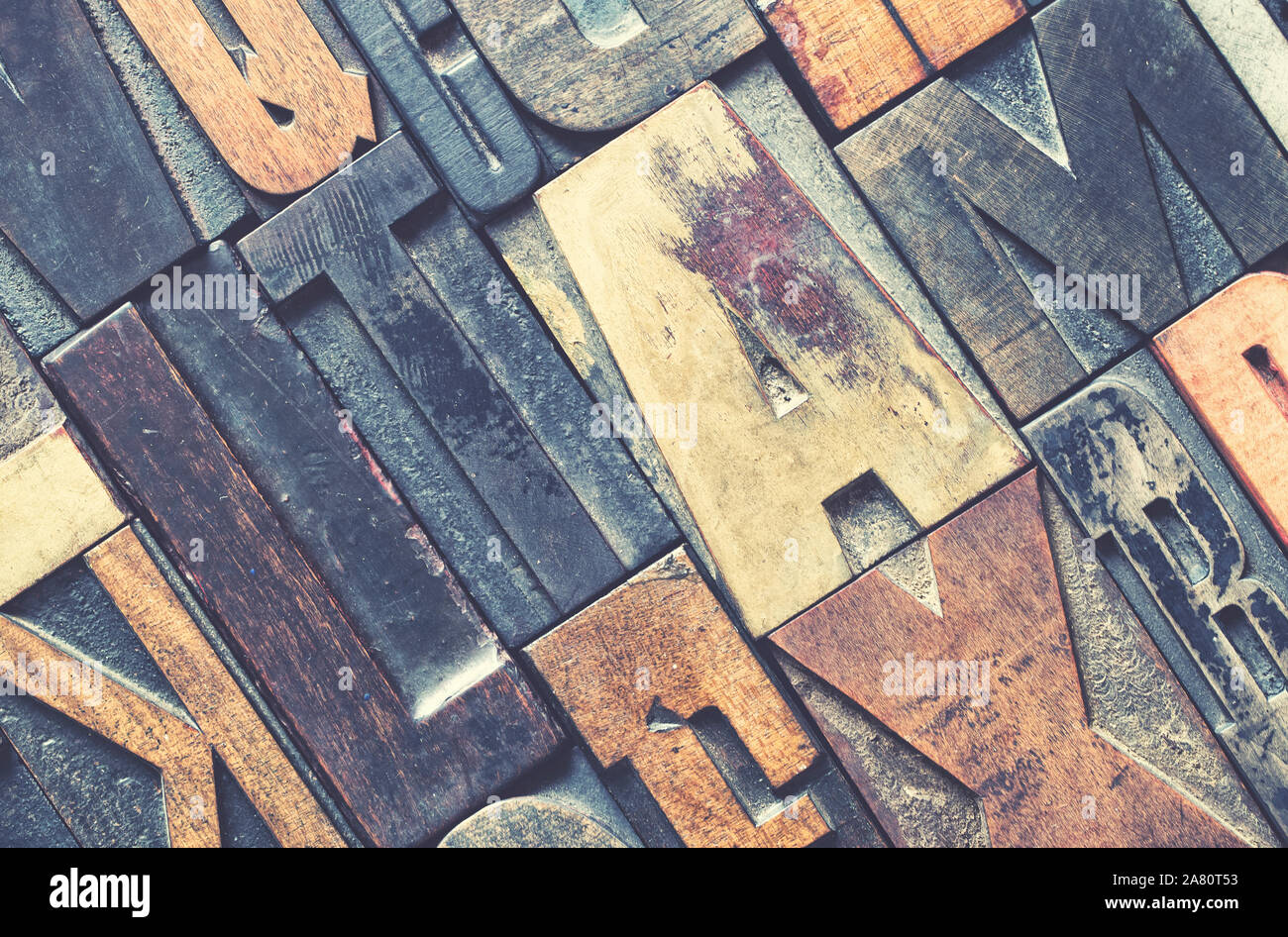 Detail of wood letterpress printing blocks with retro style processing ...