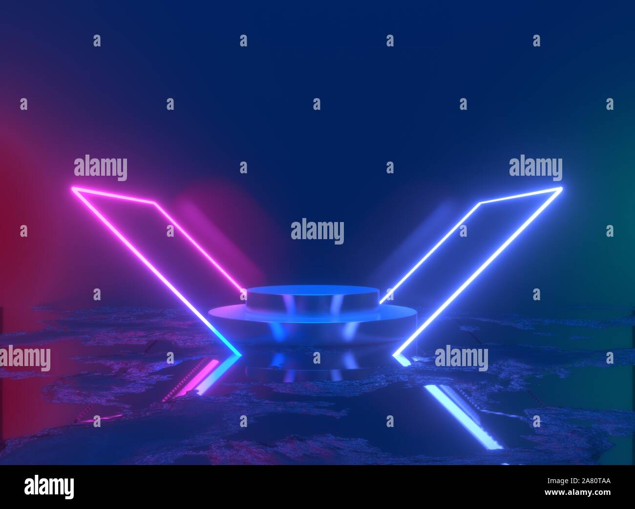 Neon background. 3d rendering pedestal, shiny metallic podium with ...