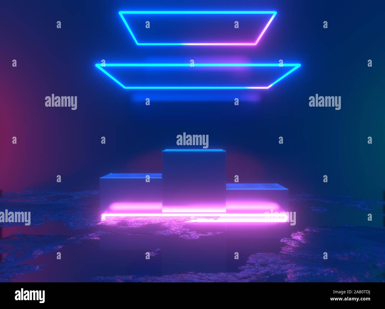 Pedestal, platform, shiny metallic podium with glowing frame. Blank ...