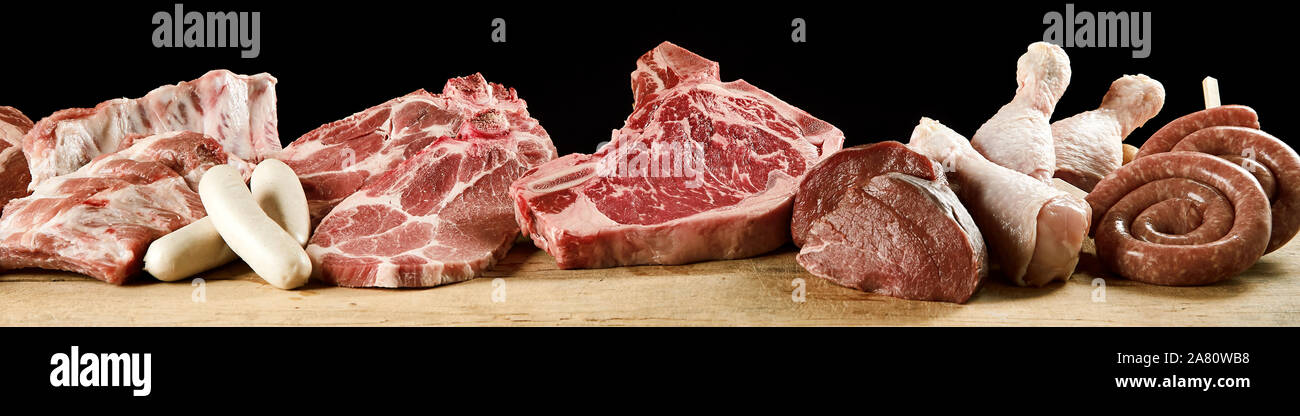 Panorama banner with assorted raw meat for a BBQ suitable for butchery ...