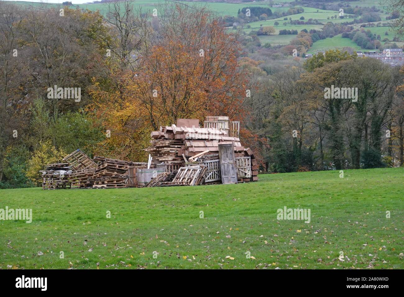 Pallets piled up for a bonfire in High Lea Park, New Mills, Derbyshire ...