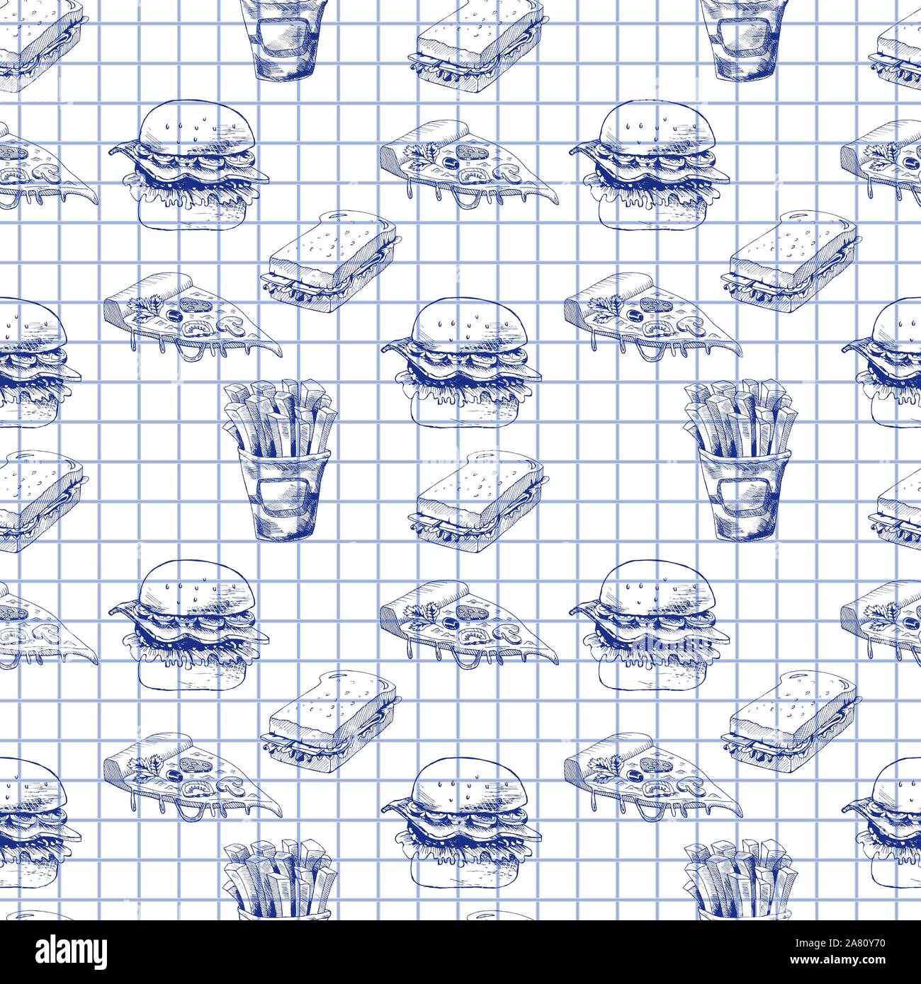Hand drawn fast food pattern. Burger, pizza, french fries detailed ...