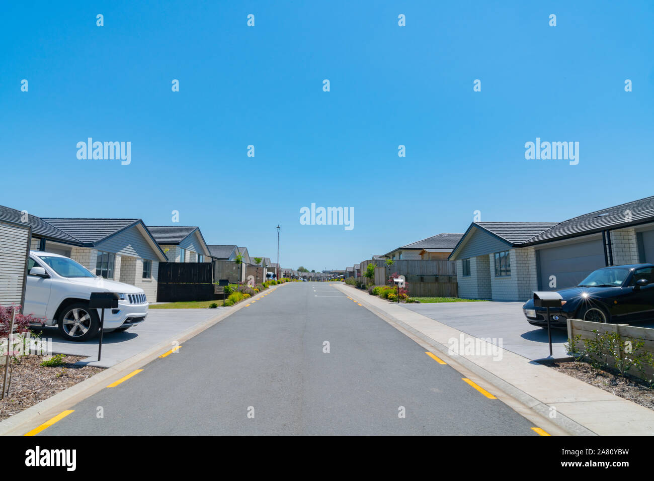 New subdivision street with uniform homes and front gardens lining both ...