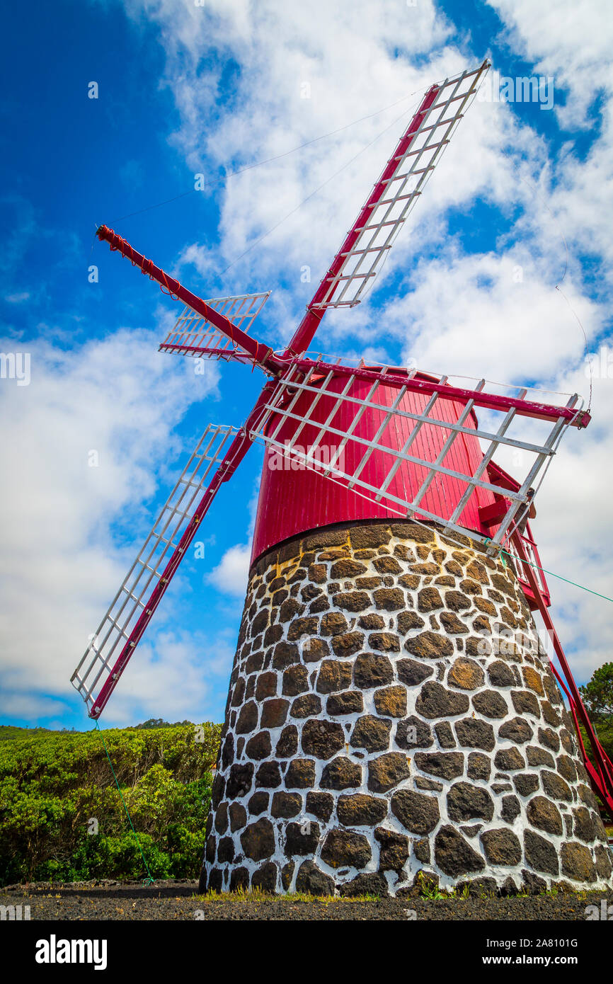 Red windmill in Pico island, Azores, Portugal. UNESCO world heritage ...