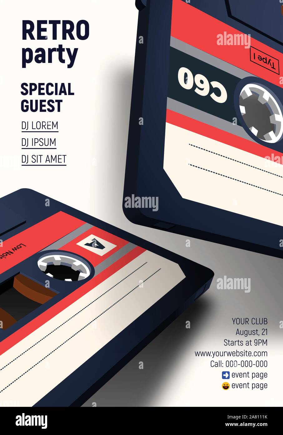 Compact cassette poster with retro 80s styled party invitation Stock ...