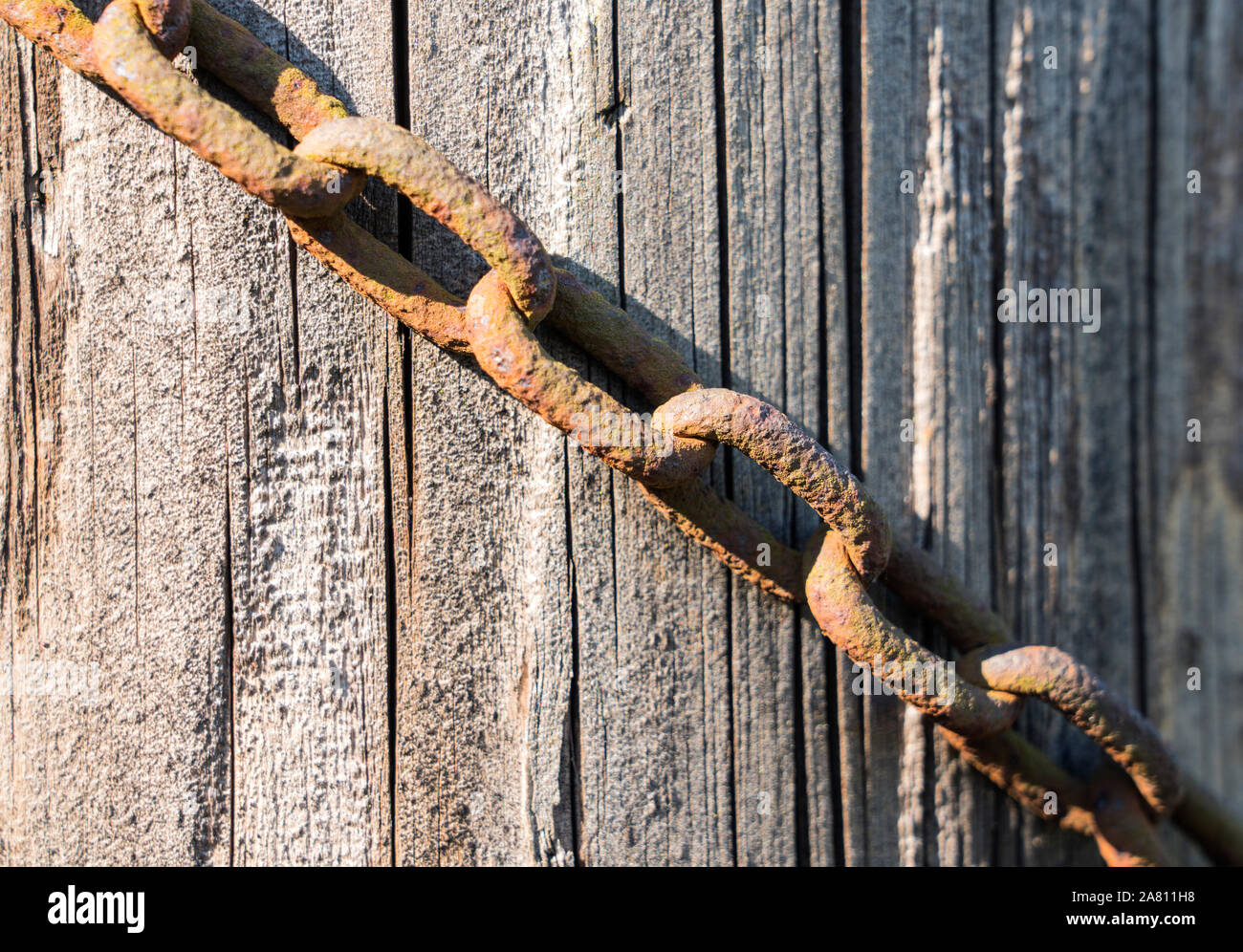 Old chain hanging at an old wooden fence post Stock Photo - Alamy