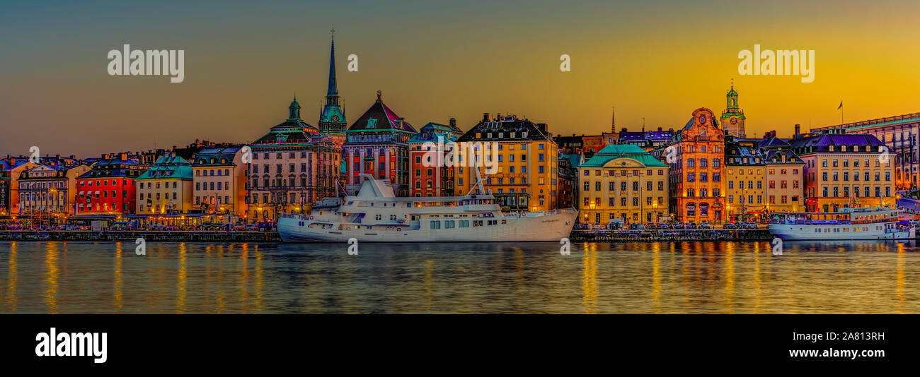 The Gamla Stan waterfront skyline at night in Stockholm, Sweden Stock ...