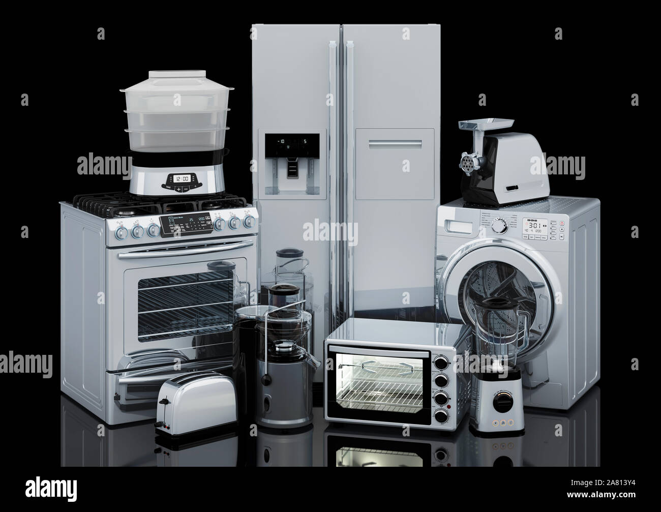 Kitchen and household appliances in silver color, 3D rendering isolated ...