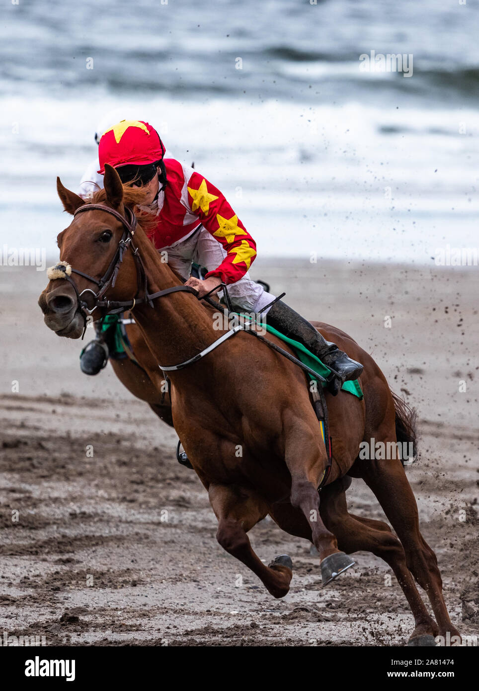 Lead race horse and jockey galloping at speed on the beach Stock Photo ...