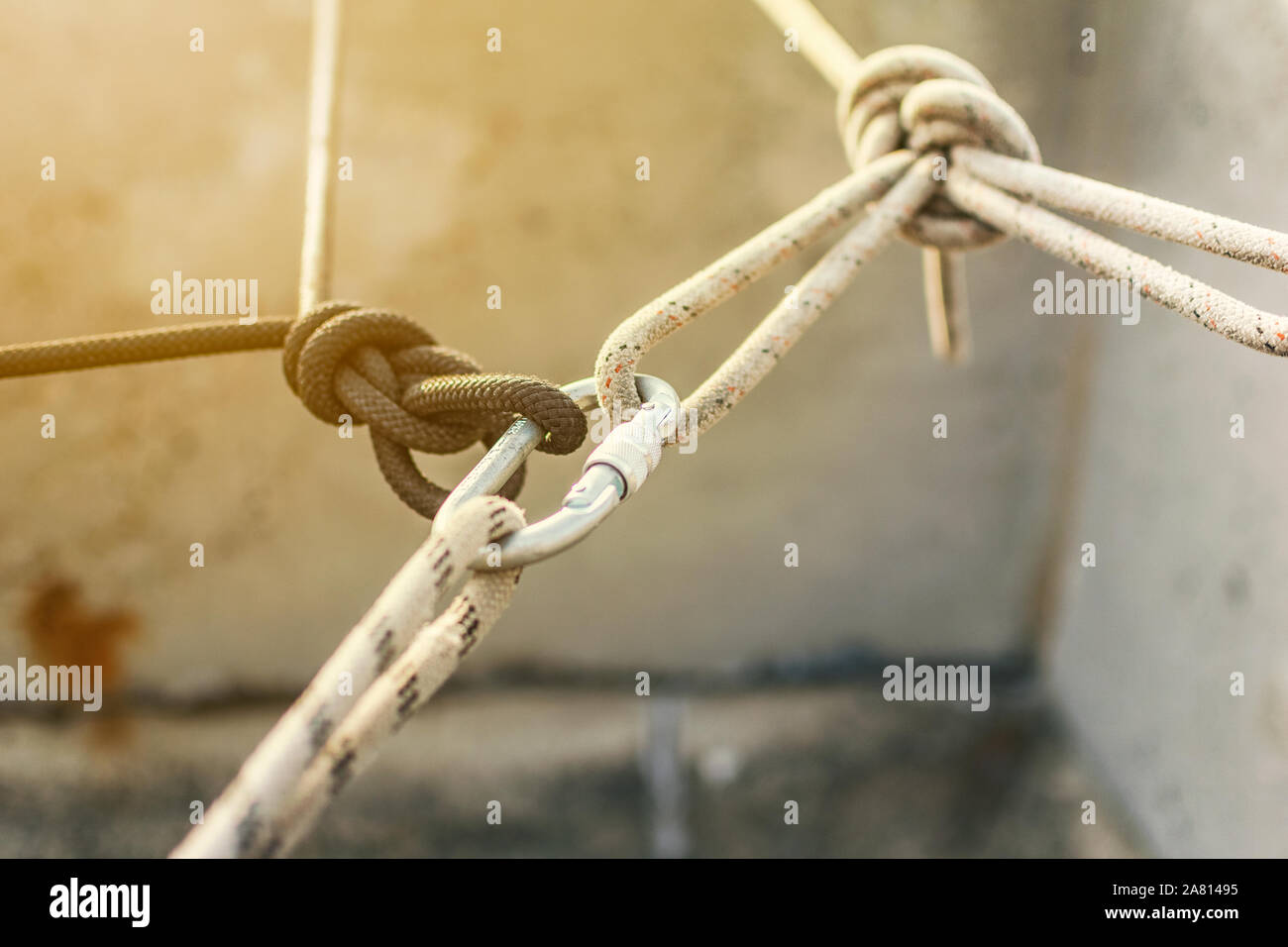 Industrial climbing work site. Rope access working and equipment on top ...
