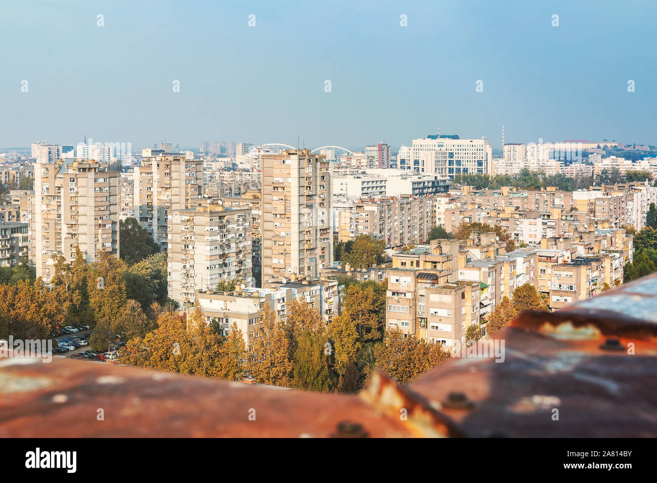 Old looking concrete building blocks viewed from top of the building ...
