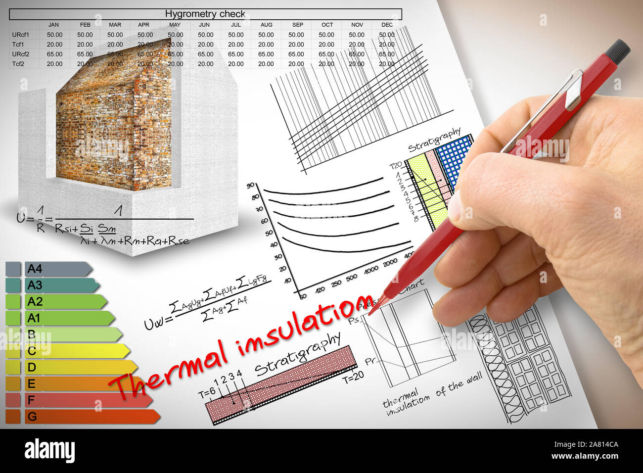 Engineer writing formulas and diagrams about thermal insulation and ...