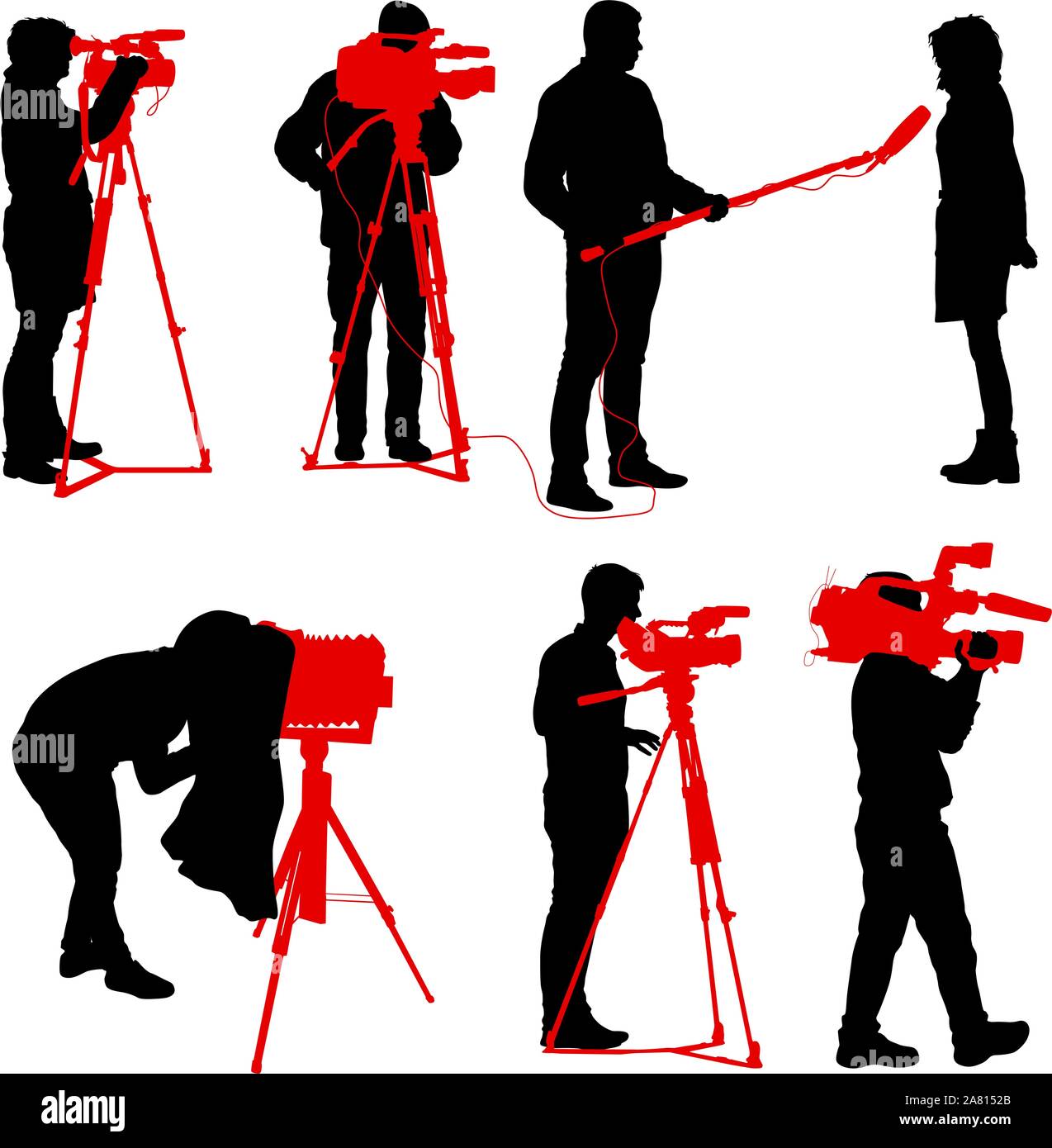 Set cameraman with video camera. Silhouettes on white background Stock ...