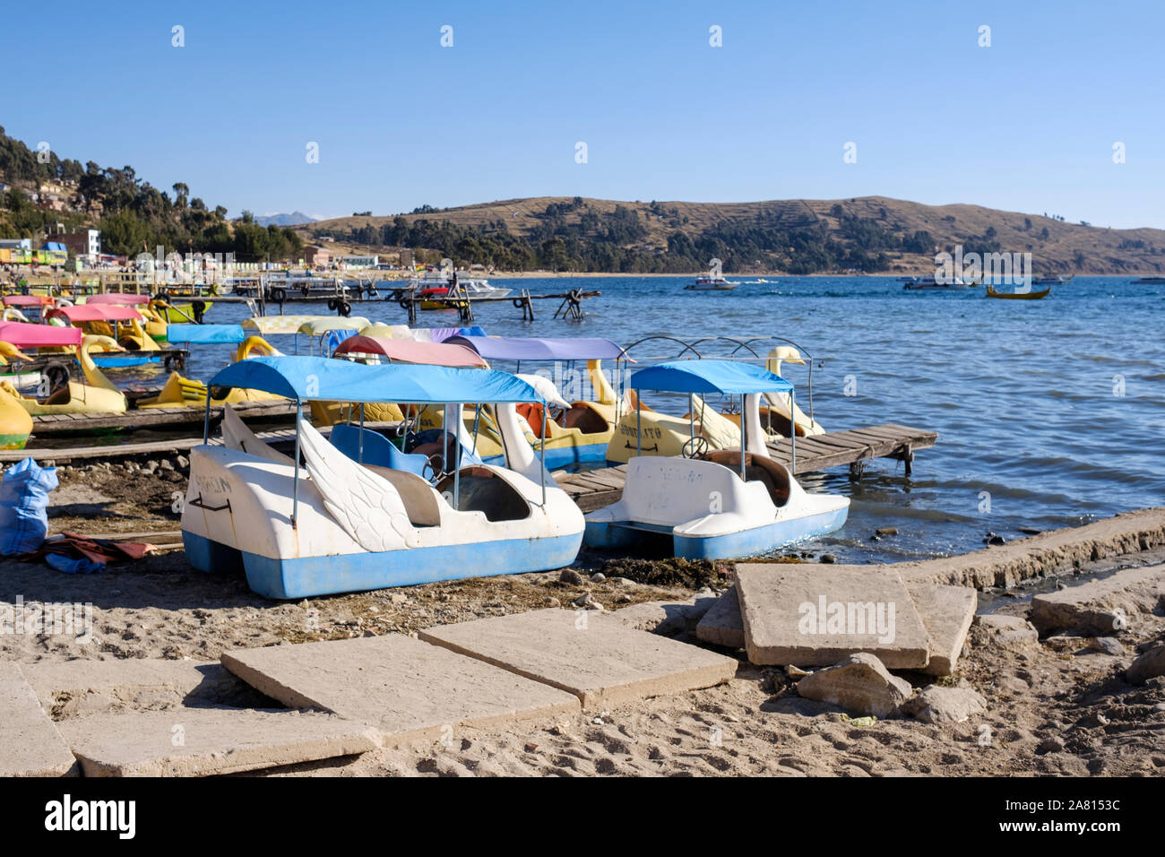Animal shaped boats in Copacabana beach, Bolivia Stock Photo - Alamy