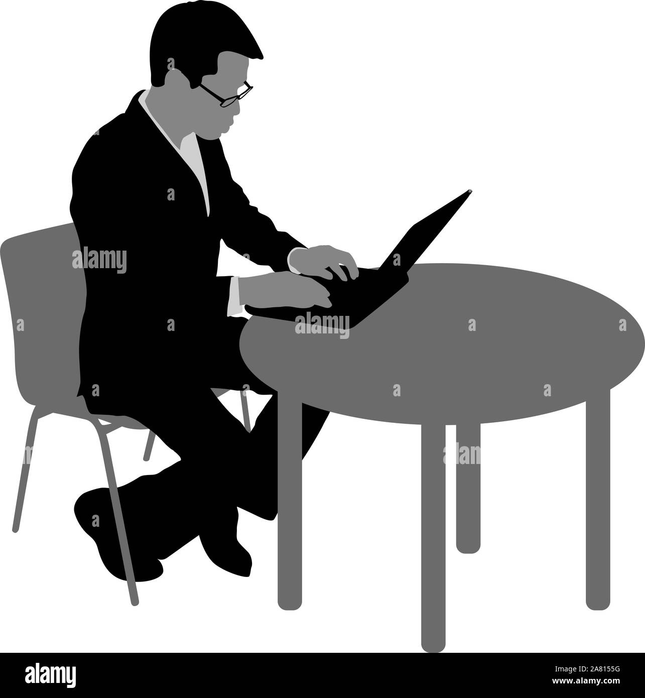 Black silhouette man sitting behind computer, on a white background ...